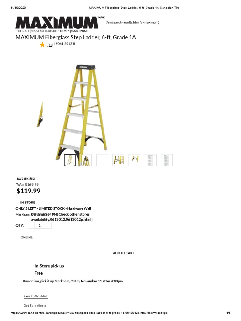 MAXIMUM Fiberglass Step Ladder, 6-ft, Grade 1A Canadian Tire | PDF | Ladder