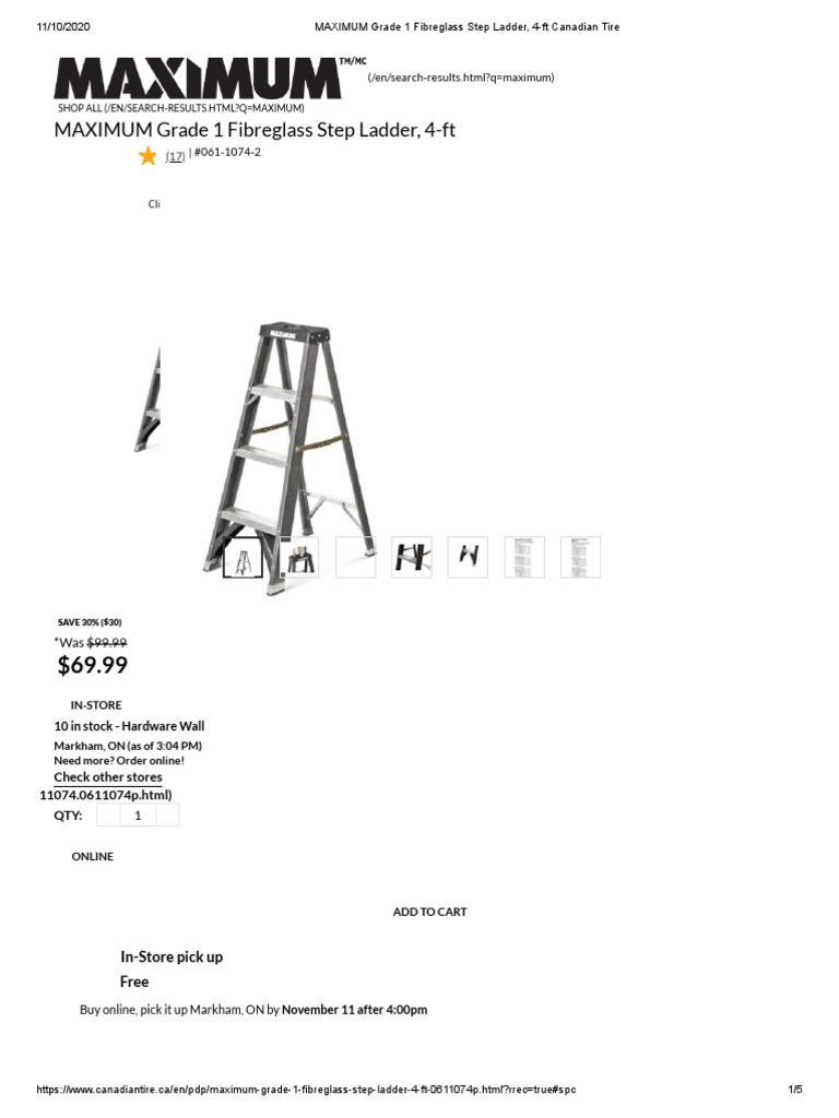 MAXIMUM Grade 1 Fibreglass Step Ladder, 4-ft Canadian Tire | PDF ...
