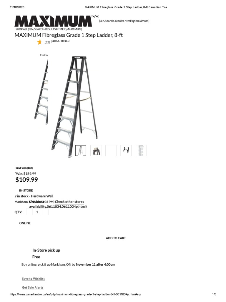 MAXIMUM Fibreglass Grade 1 Step Ladder, 8-ft Canadian Tire | Download ...
