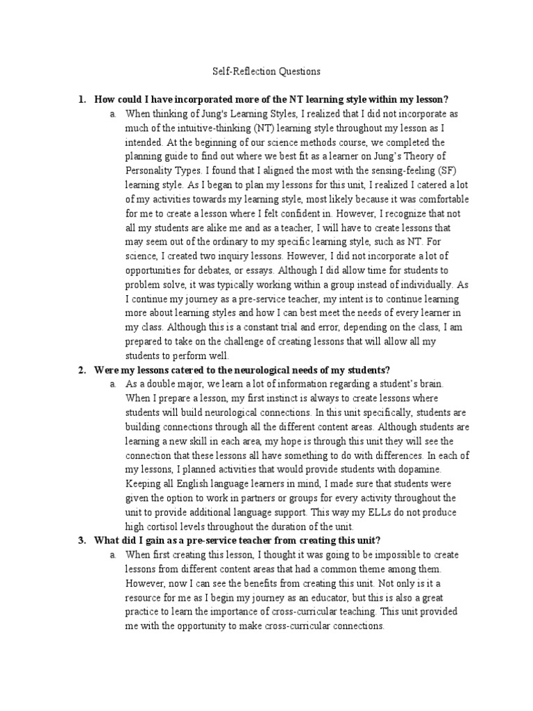 Self-Reflection Questions | PDF | Learning Styles | Teachers