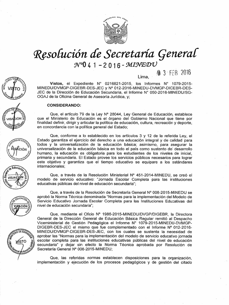 RSG N 041-2016-MINEDU Implementacion JEC Reforzamiento PDF | PDF