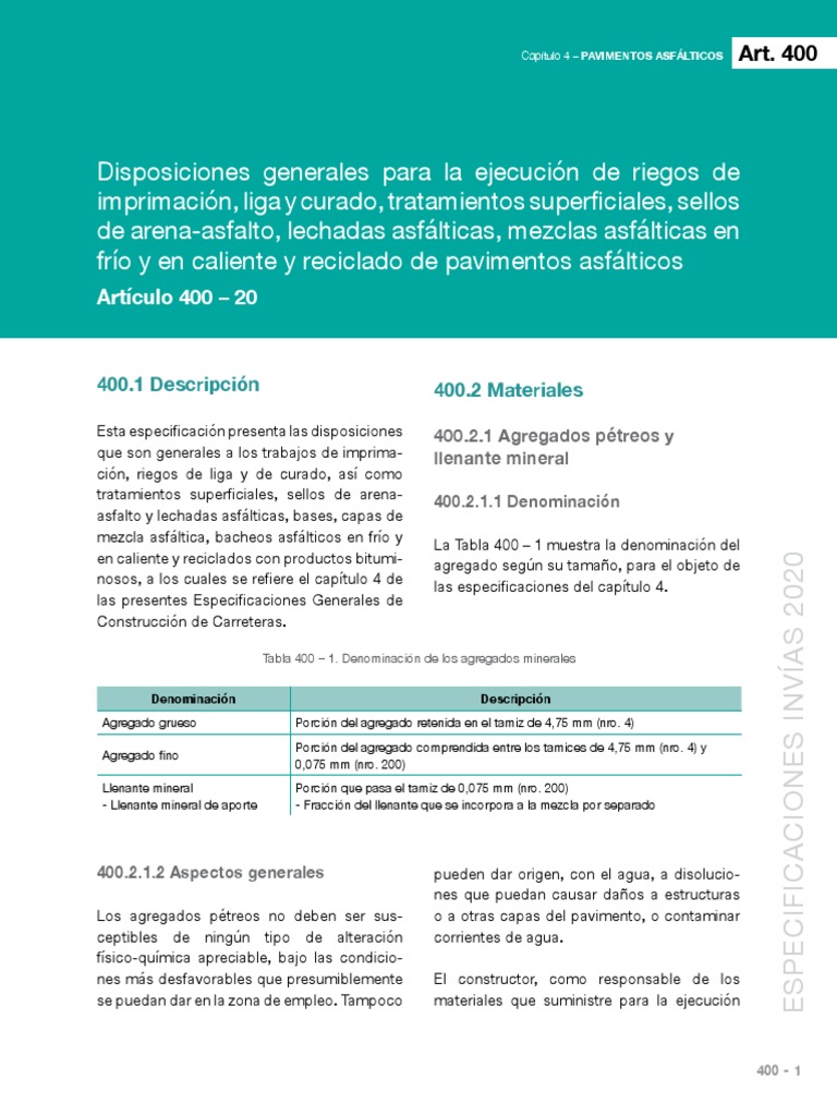 ARTICULO 400-20 VF Norma Invias | PDF | Cemento | Tanques