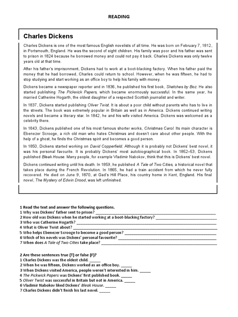 Charles Dickens Reading Reading Comprehension | PDF | Charles Dickens ...