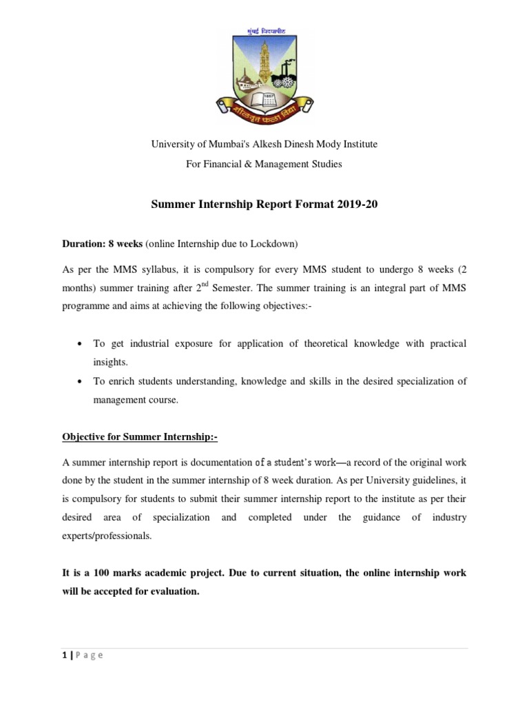 Summer Internship Report Format 2019-20: Duration: 8 Weeks (Online ...