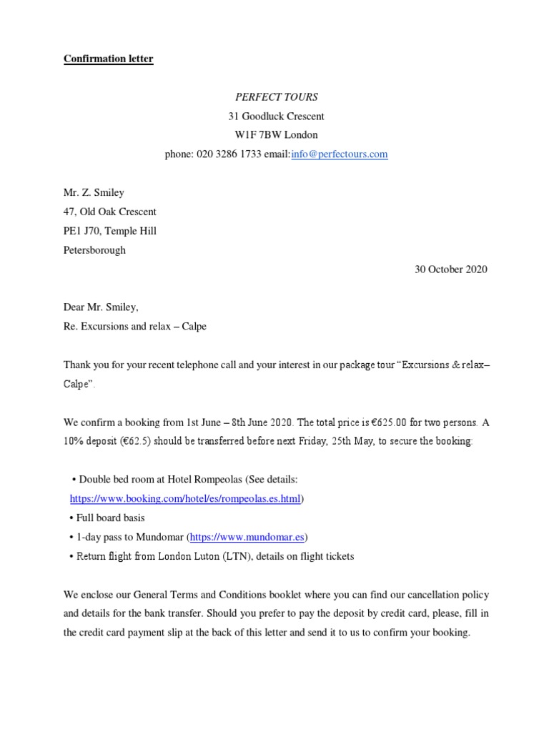 Confirmation Letter: Perfect Tours | PDF