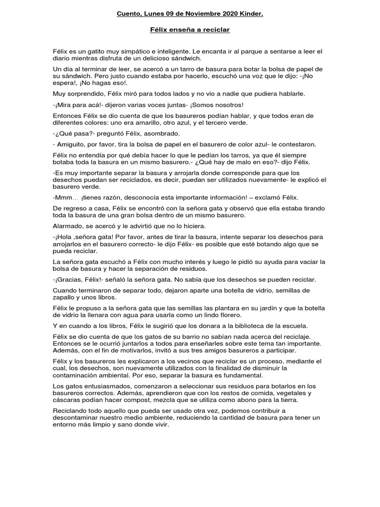 Cuento Félix Enseña A Reciclar | PDF | Reciclaje | Residuos