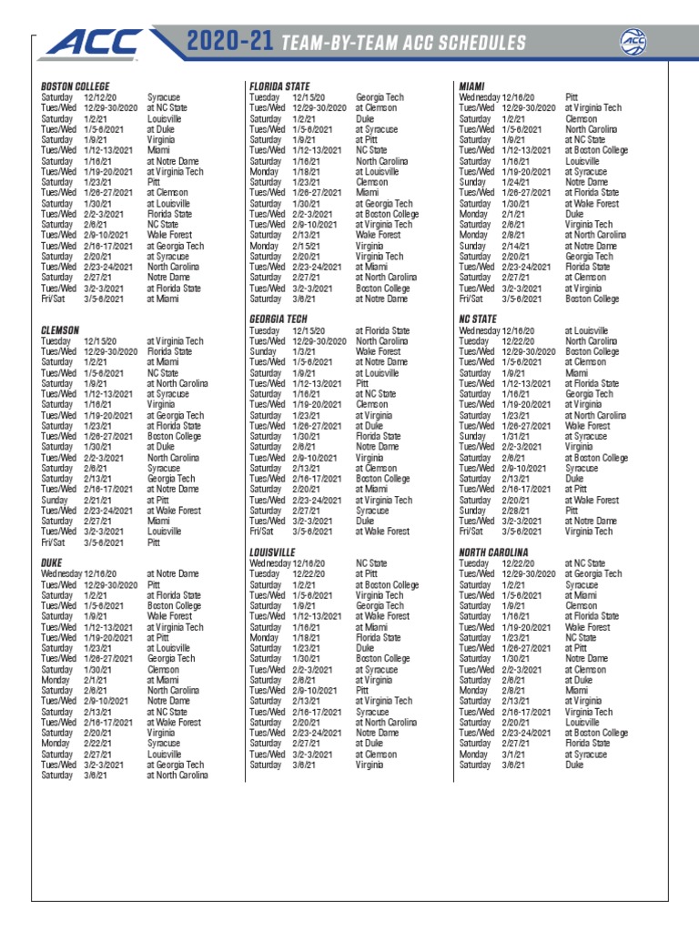 2020-21 ACC Basketball Schedules | PDF | Atlantic Coast Conference ...