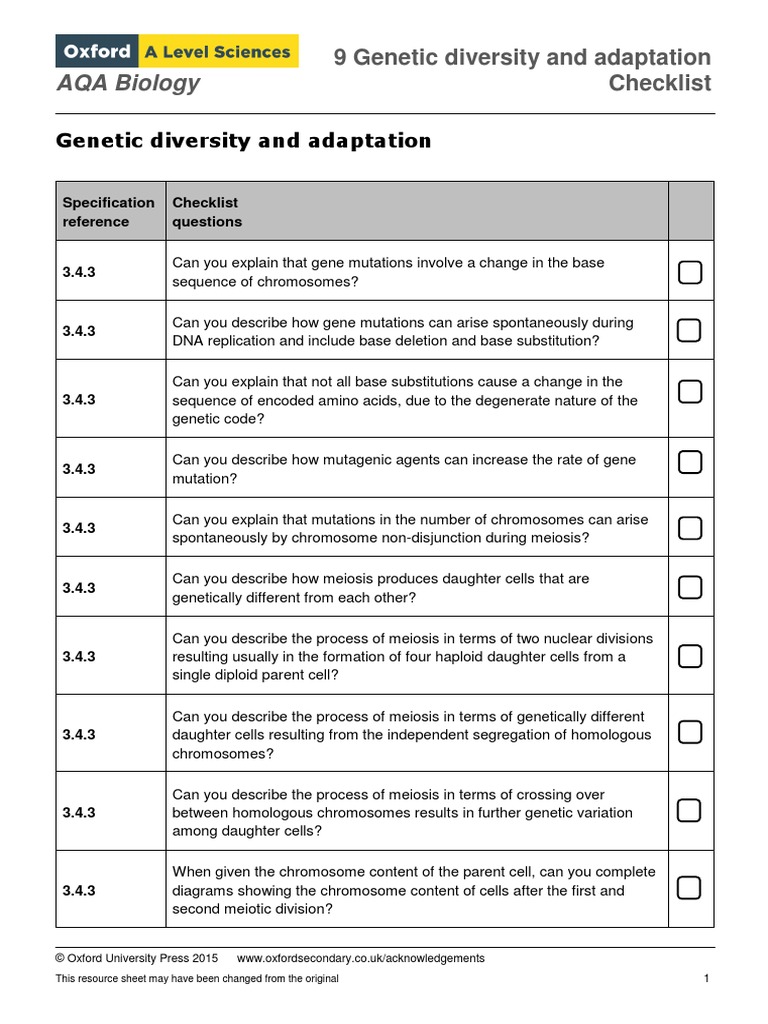 Genetic Diversity - Checklist PDF | PDF | Meiosis | Genetics