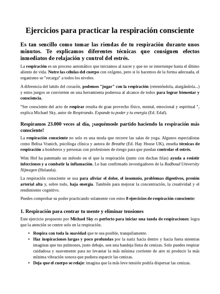 Ejercicios para Practicar La Respiración Consciente | PDF | Respiración ...