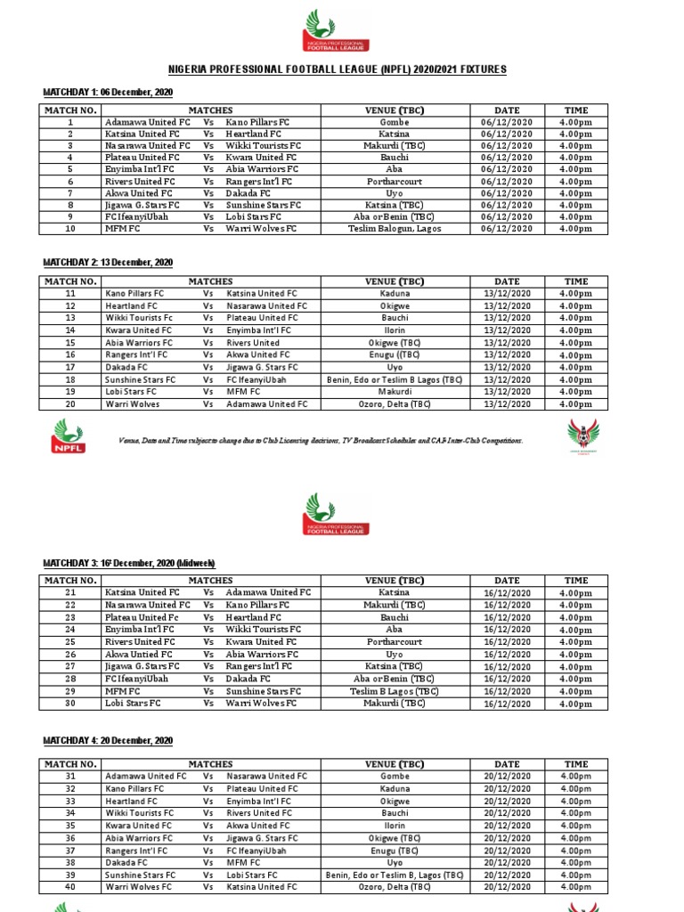 NPFL - 2020-2021 Season Fixtures | PDF | Association Football Clubs ...