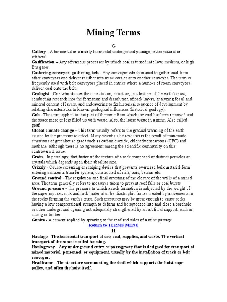 Mining Terms: Return To TERMS MENU | PDF | Coal Mining | Mining