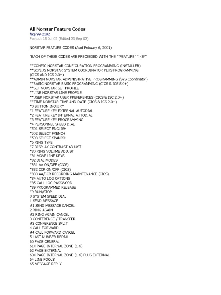 Norstar Phone System Feature Codes | PDF | Voicemail | Telephony