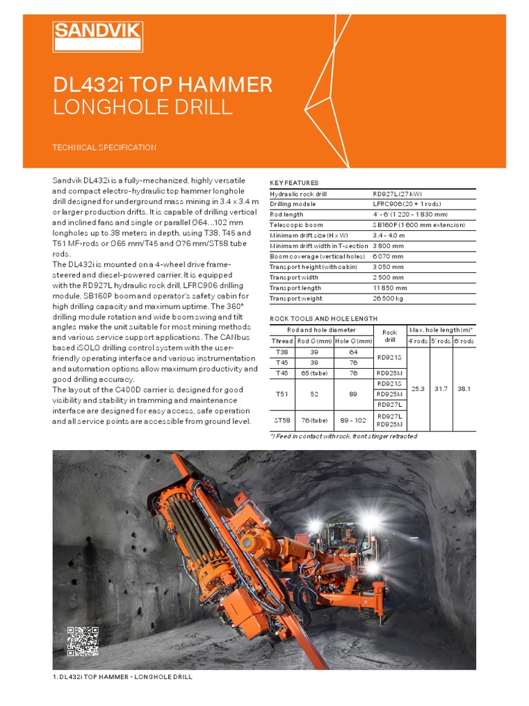 Dl432I Top Hammer Longhole Drill: Technical Specification | Download ...