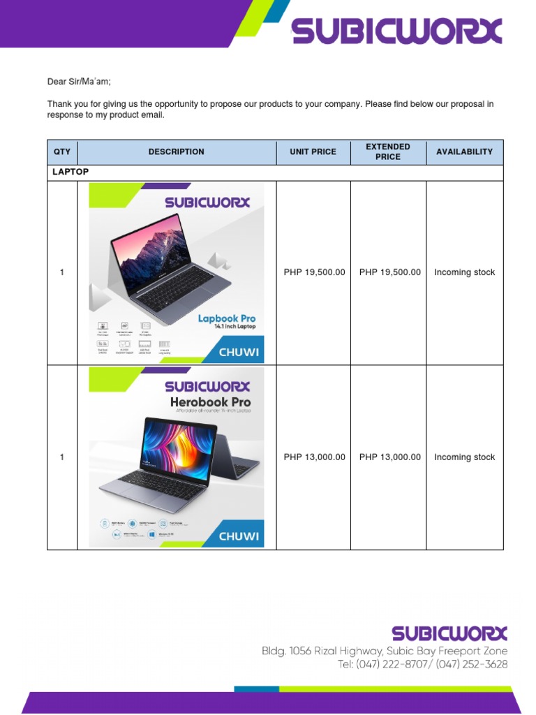 Laptop: QTY Description Unit Price Extended Price Availability | PDF
