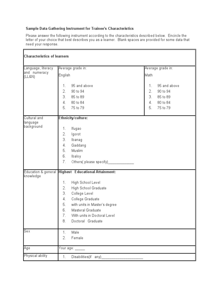 Sample Data Gathering Instrument For Trainee's Characteristics | PDF ...