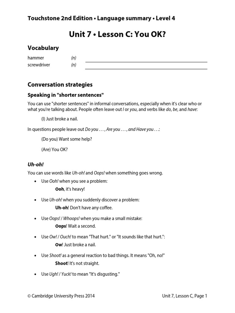 Unit 7 - Lesson C: You OK?: Touchstone 2nd Edition - Language Summary - Level 4 | PDF