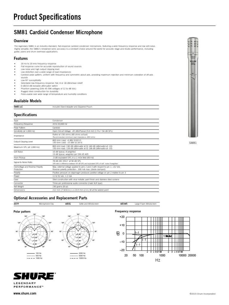Shure Sm81-Specification-Sheet-English PDF | PDF | Microphone | Decibel