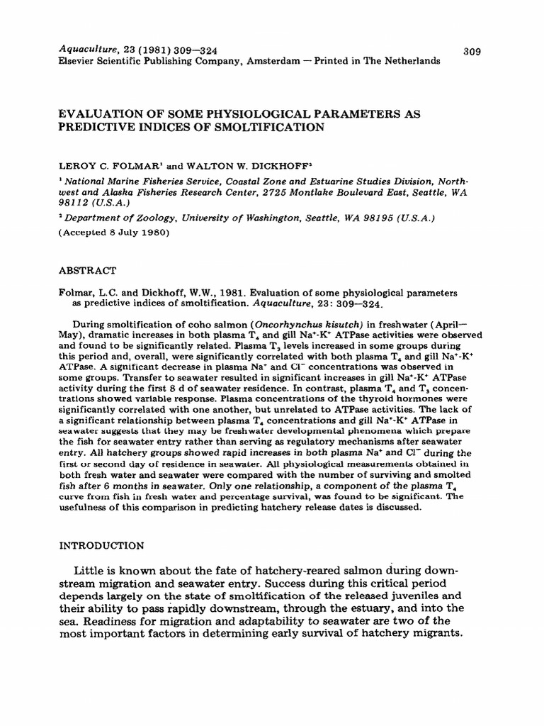 Evaluation of Some Physiological Parameters As Predictive Indices of Smoltification | PDF ...