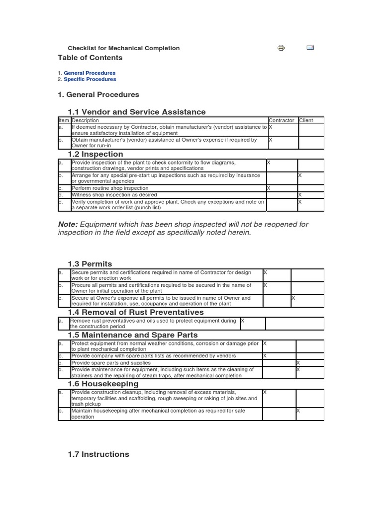 Mechanical Completion Checklist Guide | PDF | Pipe (Fluid Conveyance ...