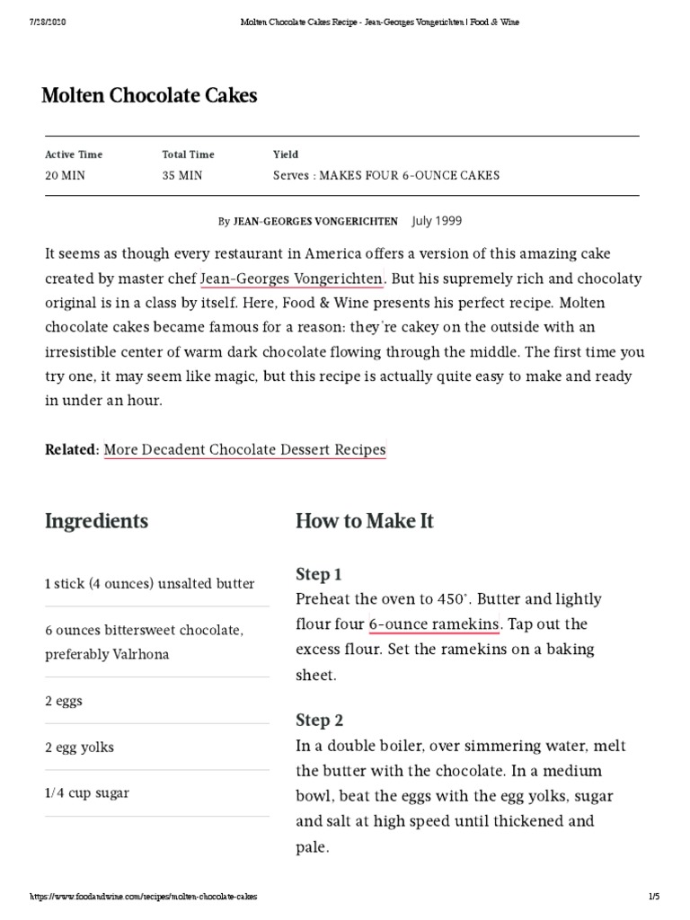 Jean-Georges' Molten Chocolate Cakes Recipe | PDF