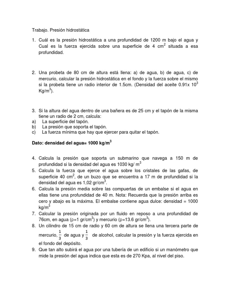 Trabajo - Presion Hidrostatica | PDF
