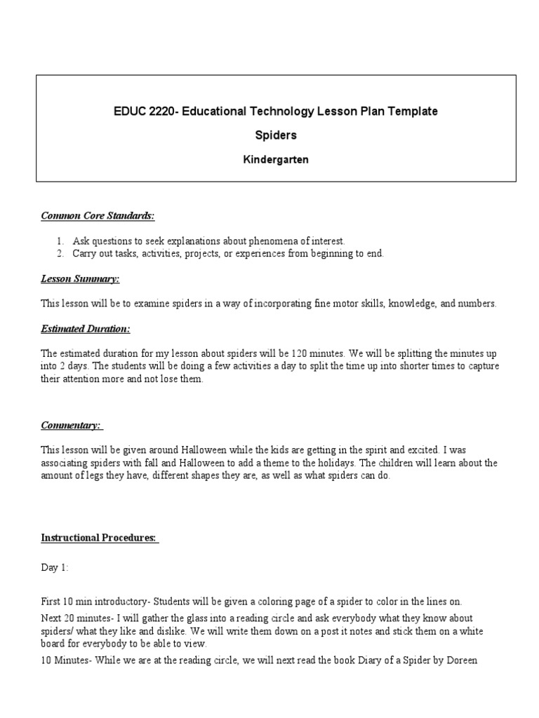 Educ 2220 Educational Technology Lesson Plan Template Spiders Pdf