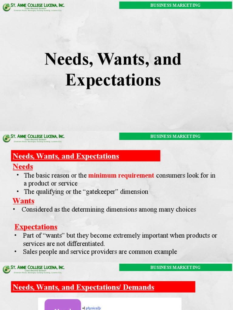 Needs, Wants, and Expectations | PDF | Goal | Marketing