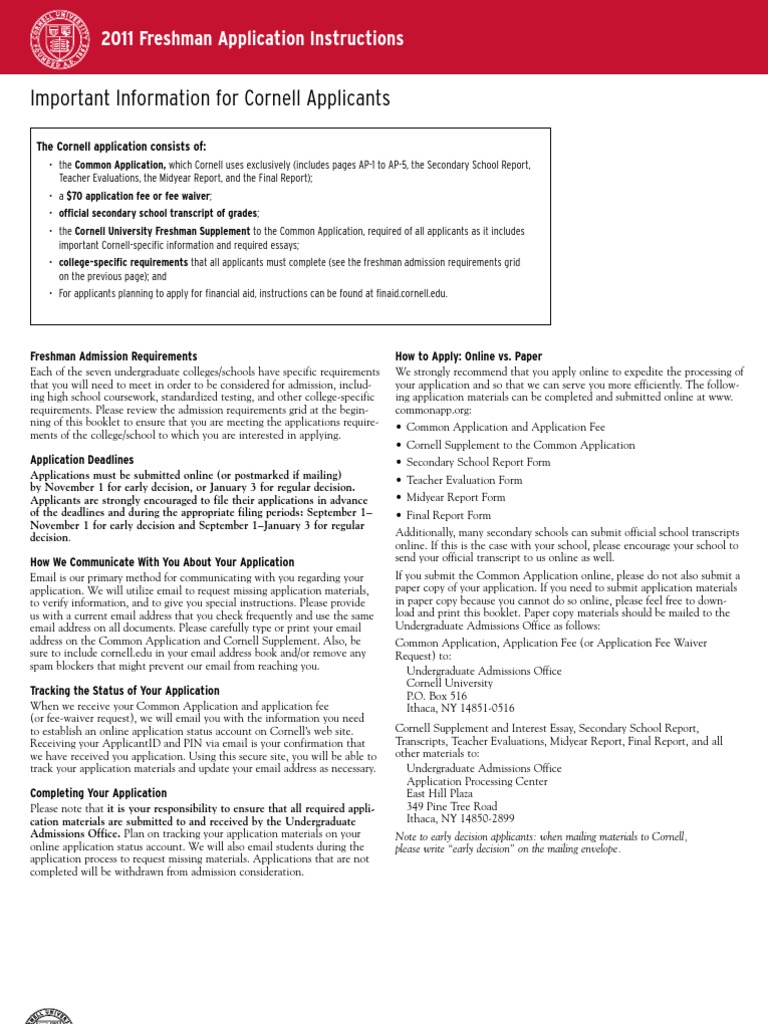 Important Information For Cornell Applicants: 2011 Freshman Application ...