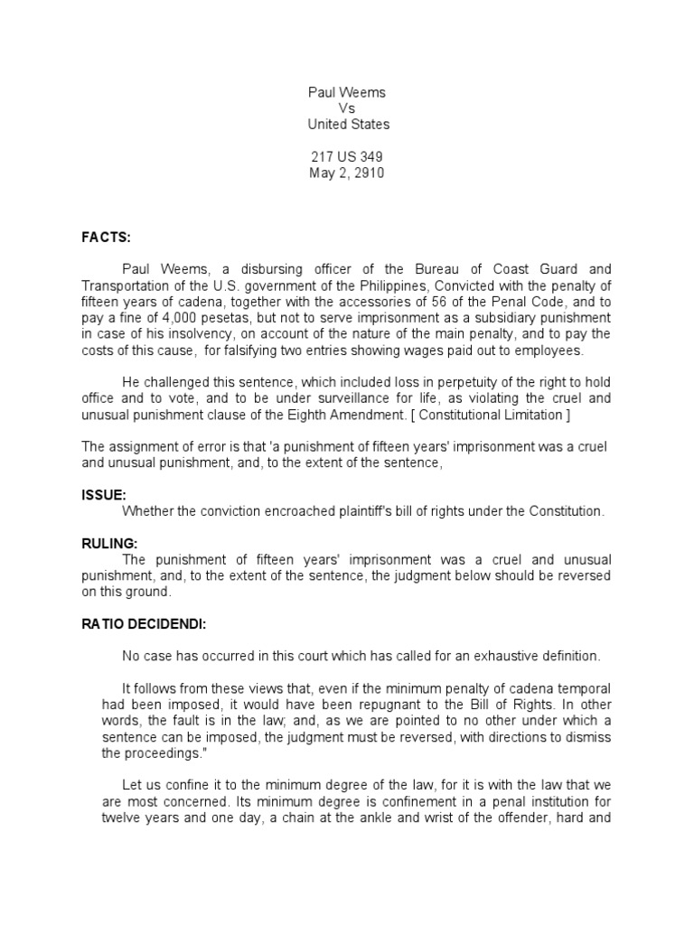 Paul Weems vs United States - Cruel and Unusual Punishment | PDF ...