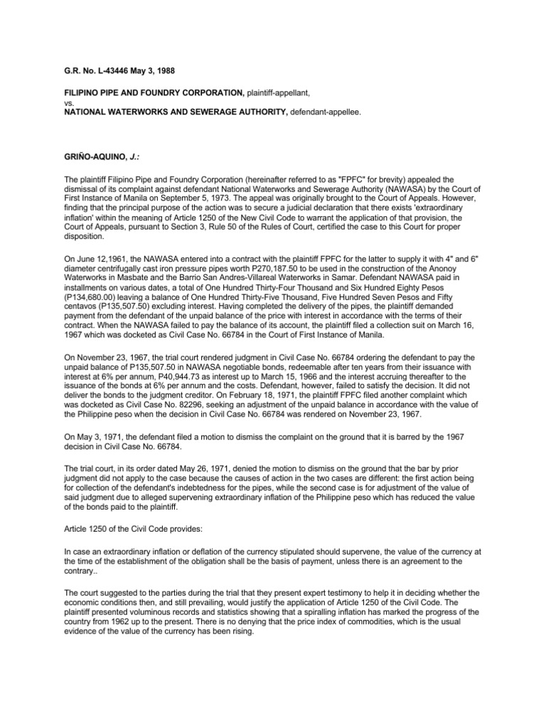 Filipino Pipe vs. NAWASA: Inflation Case | PDF | Lawsuit | Inflation