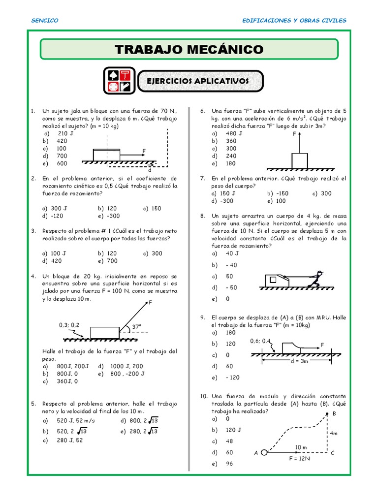 Ejercicios de Trabajo Mecánico PDF | Descargar gratis PDF | Fricción | Fuerza