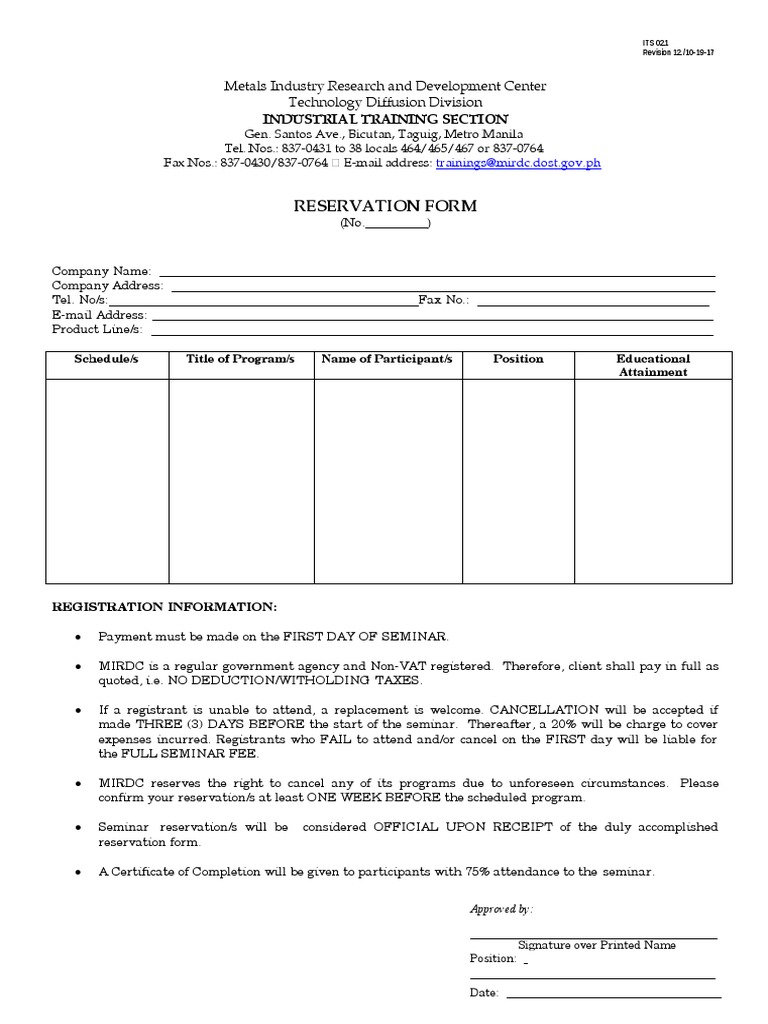 Reservation Form: Metals Industry Research and Development Center ...