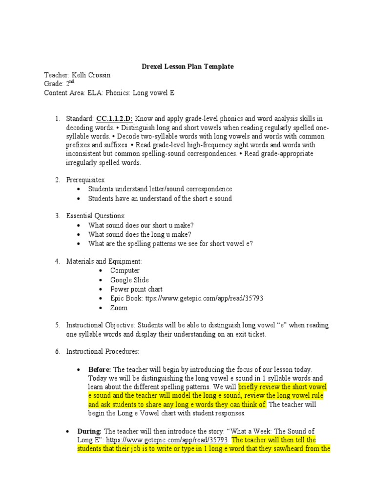 Long Vowel E Lesson Plan for Grade 2 | PDF | Phonics | Reading ...