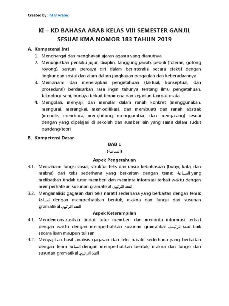 Ki-Kd Bahasa Arab Kelas Viii Semester Ganjil | PDF