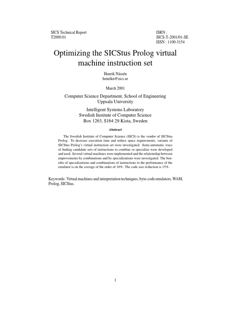 Optimizing The Sicstus Prolog Virtual Machine Instruction Set | PDF | Program Optimization | Cpu ...