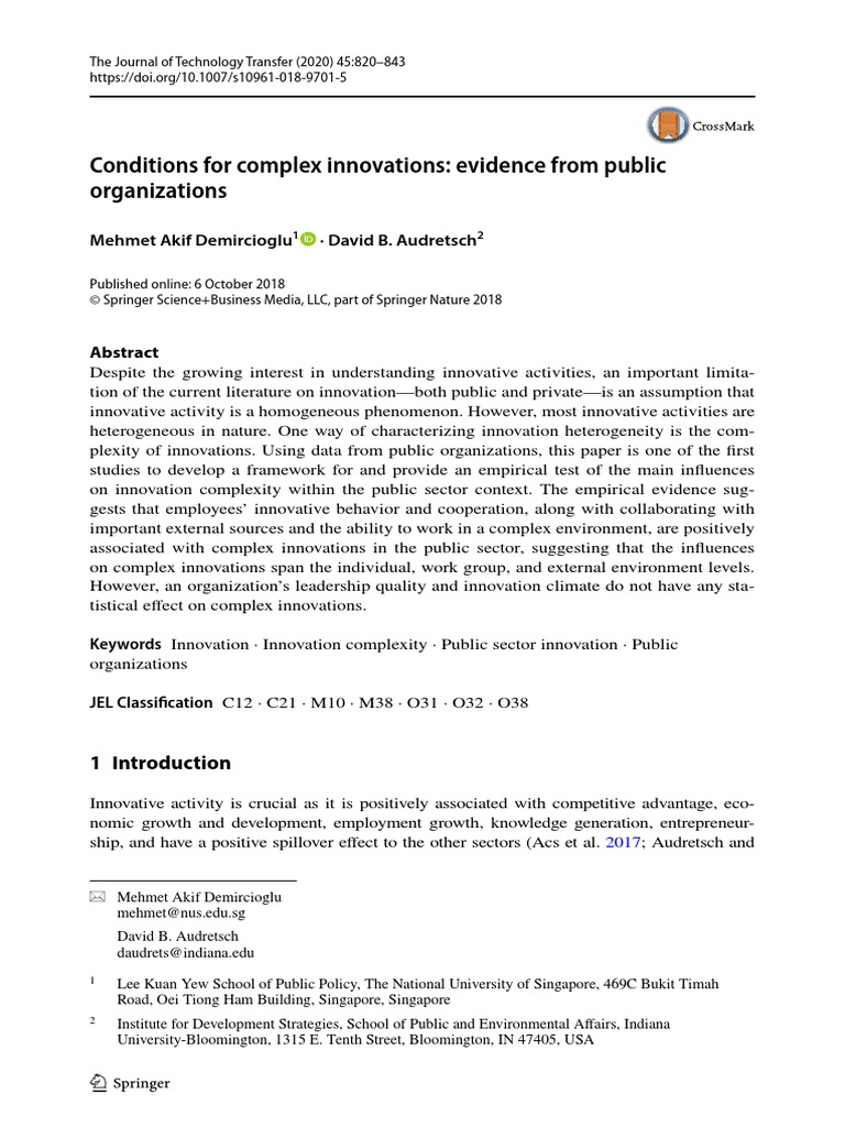 Conditions For Complex Innovations: Evidence From Public Organizations ...
