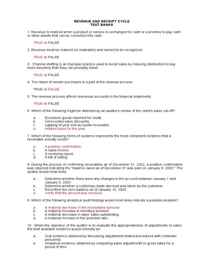 Revenue and Receivables: True/False Test Bank and Audit Procedures ...