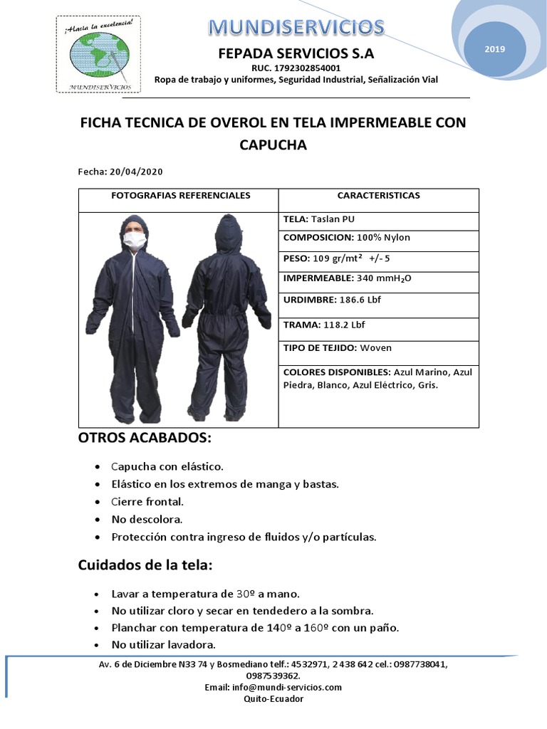 Ficha Tecnica Overol en Tela Impermeable | PDF