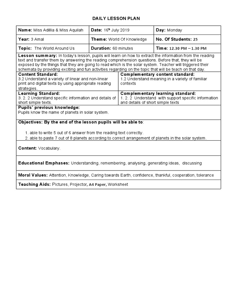 TSLB 3073 LESSON PLAN Reading | PDF | Reading Comprehension | Lesson Plan