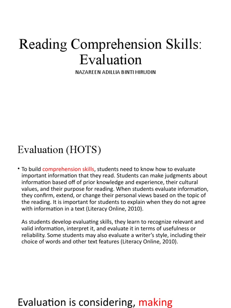 Evaluating Reading Comprehension Skills | PDF | Reading Comprehension ...