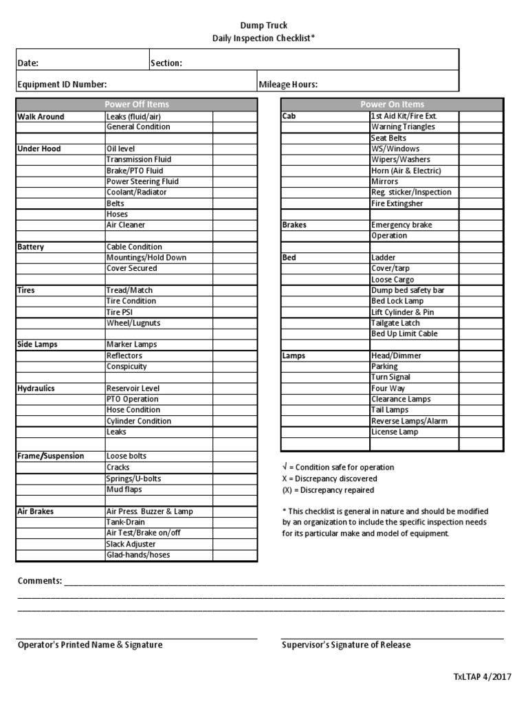 Dump Truck General Daily Inspection Checklist PDF | PDF | Truck | Brake
