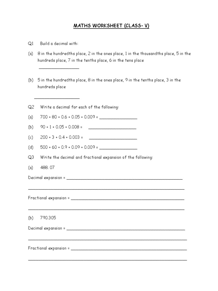 Class 5 Mathematics Worksheet - Decimals (3) N | PDF