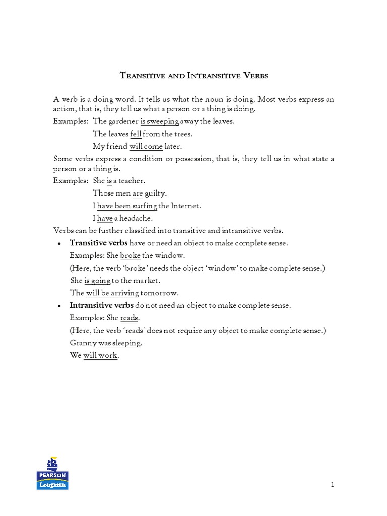 Transitive and Intransitive Verbs PDF | PDF | Verb | Object (Grammar)