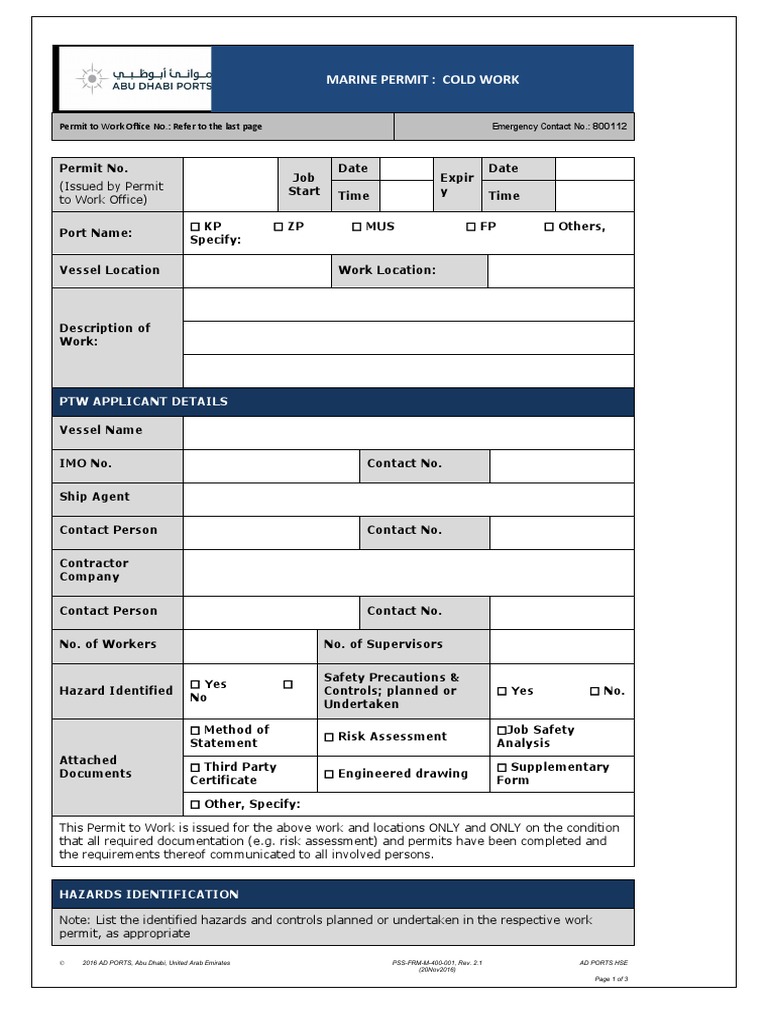 Marine Permit: Cold Work: Permit To Work Office No.: Refer To The Last ...