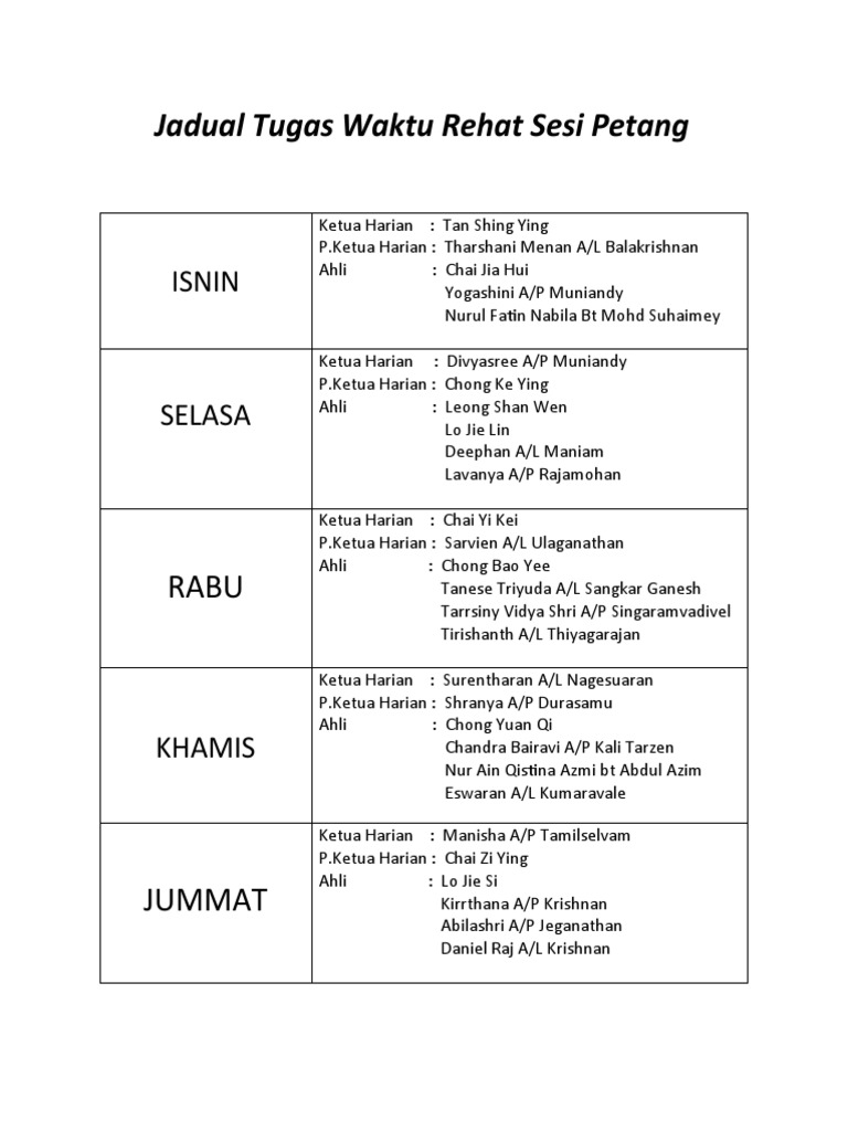 Jadual Tugas Waktu Rehat Sesi Petang: Isnin | PDF