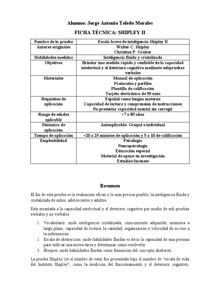 Ficha Técnica de la Prueba Shipley II | PDF | Inteligencia | Neurociencia