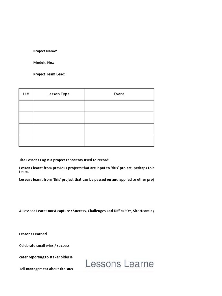 Lessons Log: LL# Lesson Type Event | PDF | Project Management | Hard ...