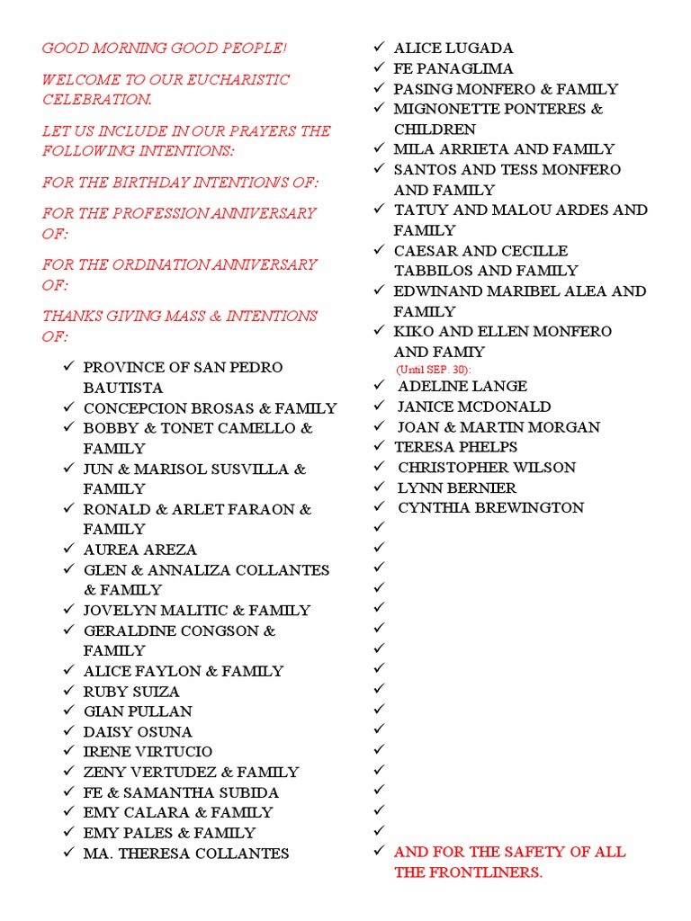 Sample Mass Intentions for Celebrations | PDF