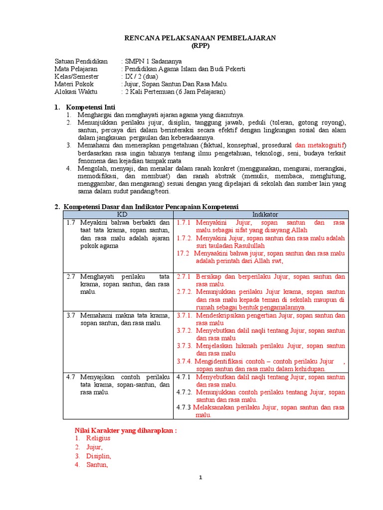 RPP PAI K9 K13 - Jujur, Sopan Santun Dan Rasa Malu | PDF