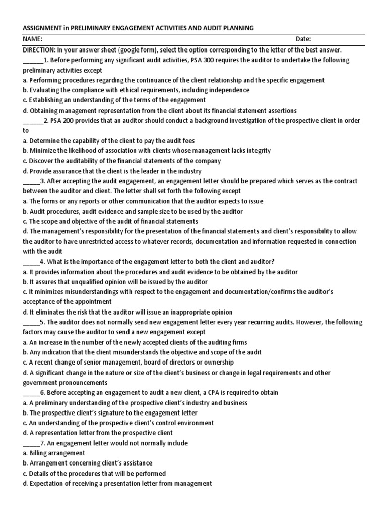 ASSIGNMENT in PRELIMINARY ENGAGEMENT ACTIVITIES AND PLANNING | PDF | Internal Control | Audit